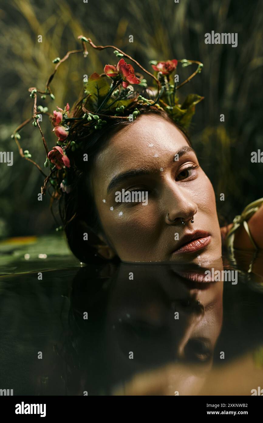 A woman in a floral crown poses partially submerged in a swamp Stock ...