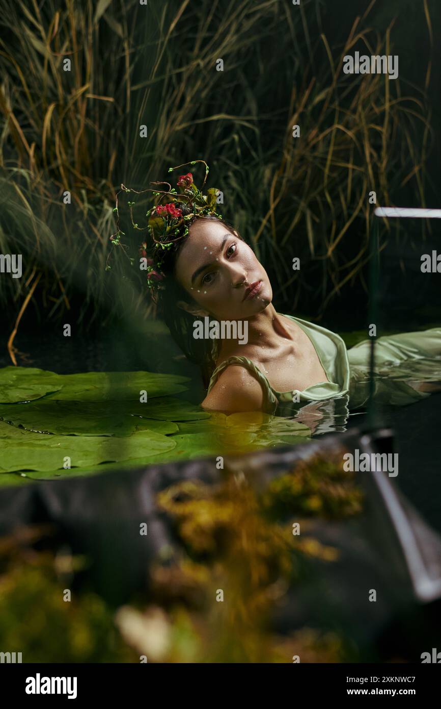 A woman wearing a floral crown poses in a swamp, surrounded by greenery ...