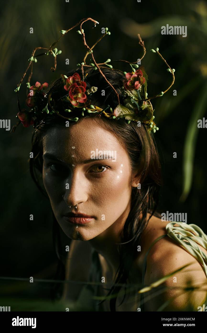 A woman in a leafy crown looks out from the shadows of a swamp Stock ...