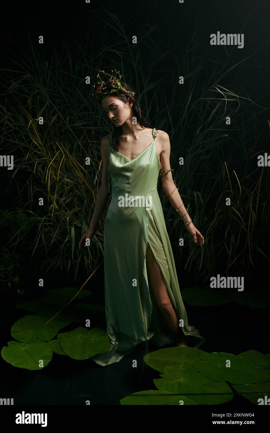 A woman wearing a green dress and a crown of leaves poses in a swamp ...