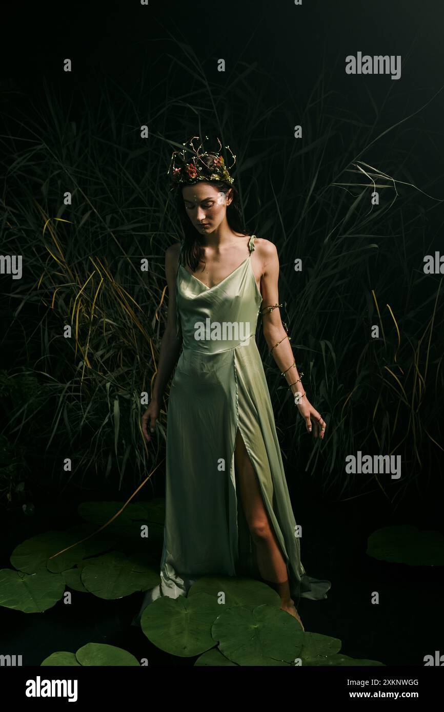 A woman stands gracefully on lily pads in a swamp, wearing a flowing ...