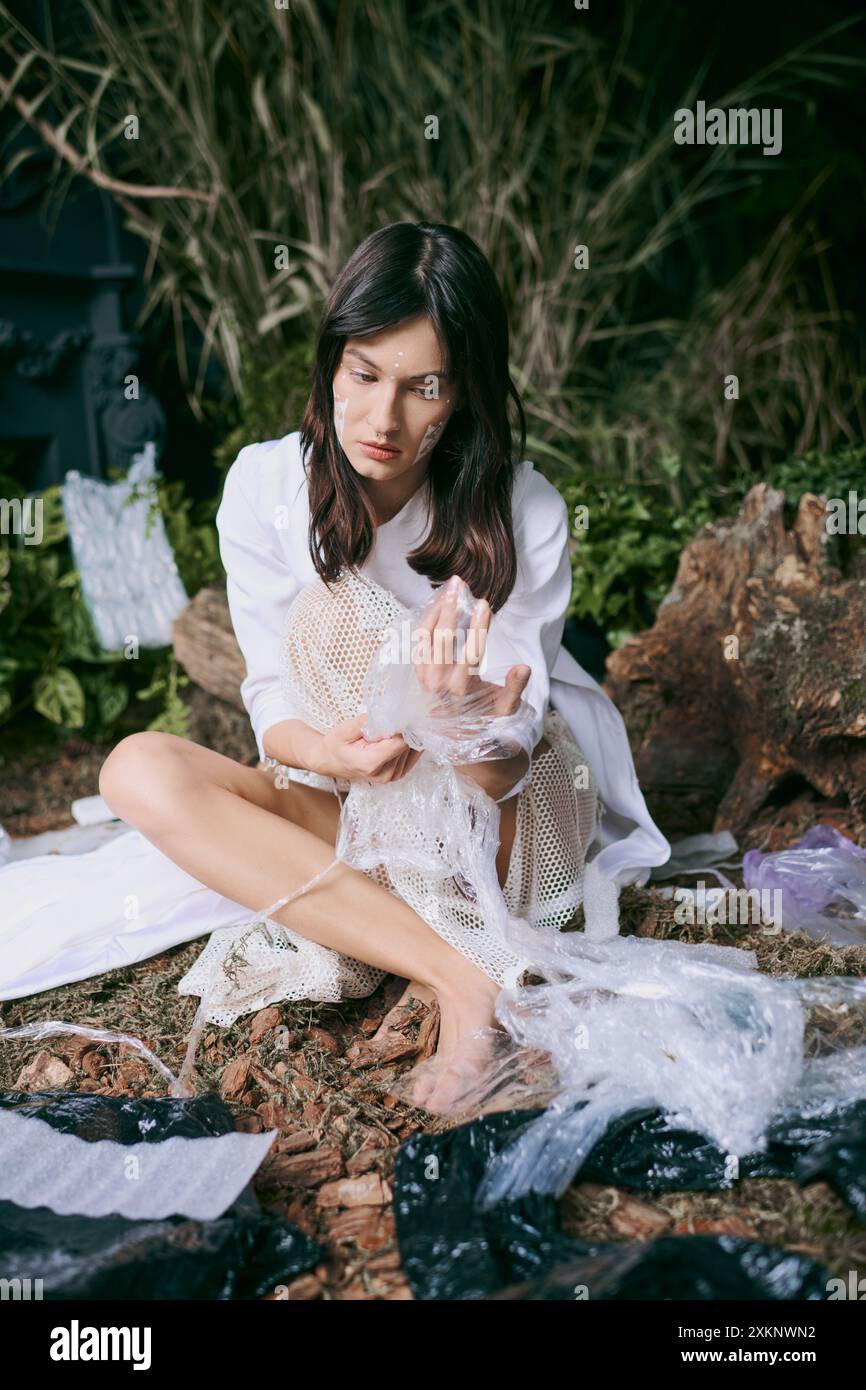 A woman poses in a swamp filled with plastic garbage, surrounded by ...