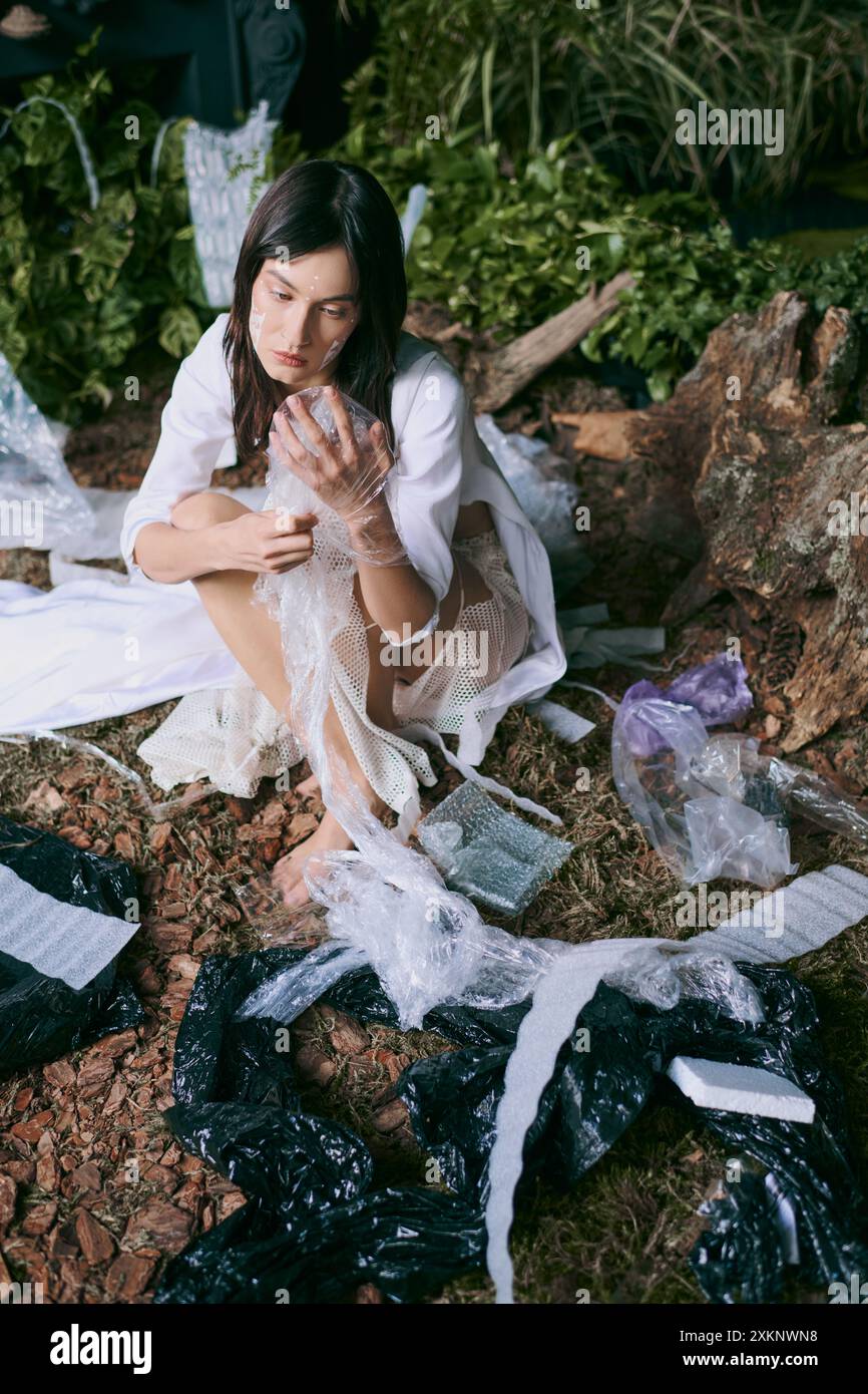 A woman in white clothing poses amongst a swamp overflowing with ...