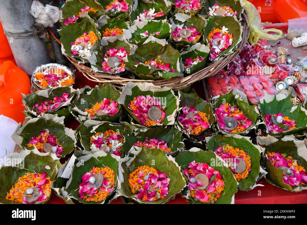 Flowers arranged in a leaf baskets are floated in the river ganges by ...