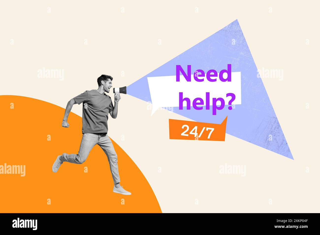 Creative collage picture young man loudspeaker help assistance 24 7 ...
