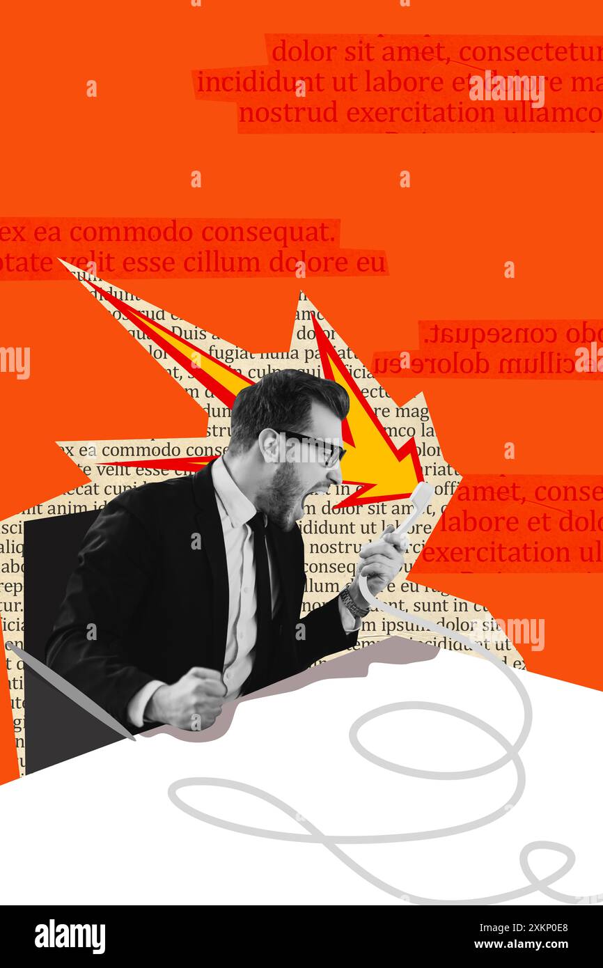 Vertical photo collage of angry man scream telephone handset call ...