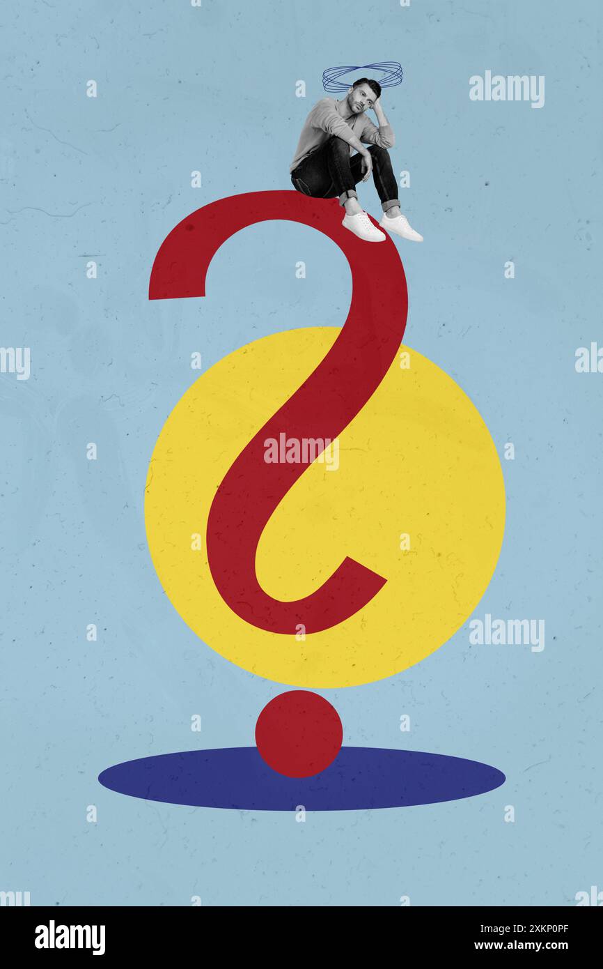 Vertical photo collage of thoughtful unhappy man sit big question mark ...