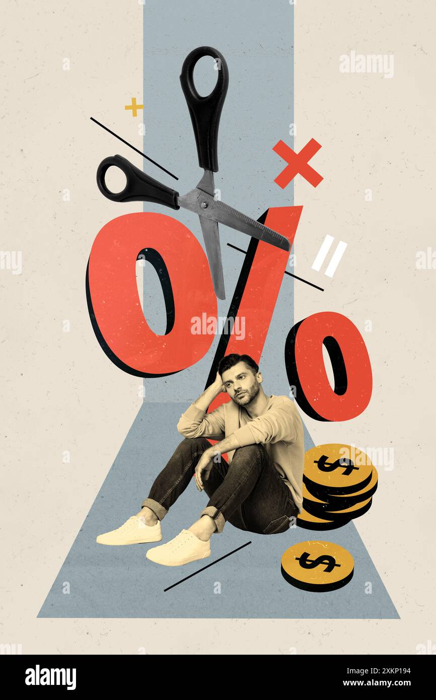 Vertical collage young sad depressed man money crisis economy recession ...