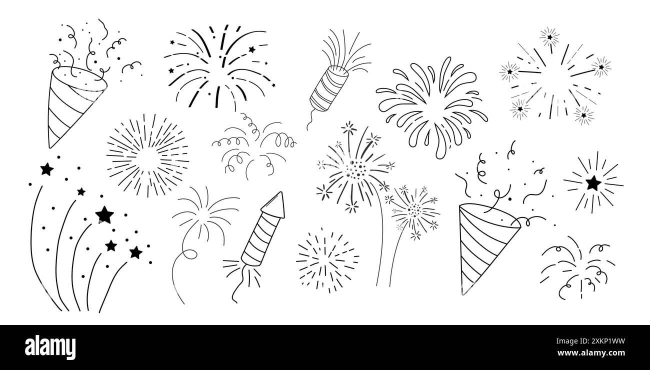 Fireworks and rocket, salute with burst, light and festive explosions ...