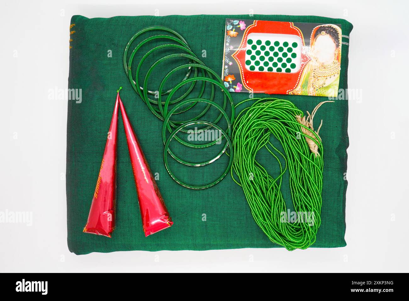 Shrawan Month Green Bangles, Mehendi Cones, Tika, Hair Flowers Gajra ...