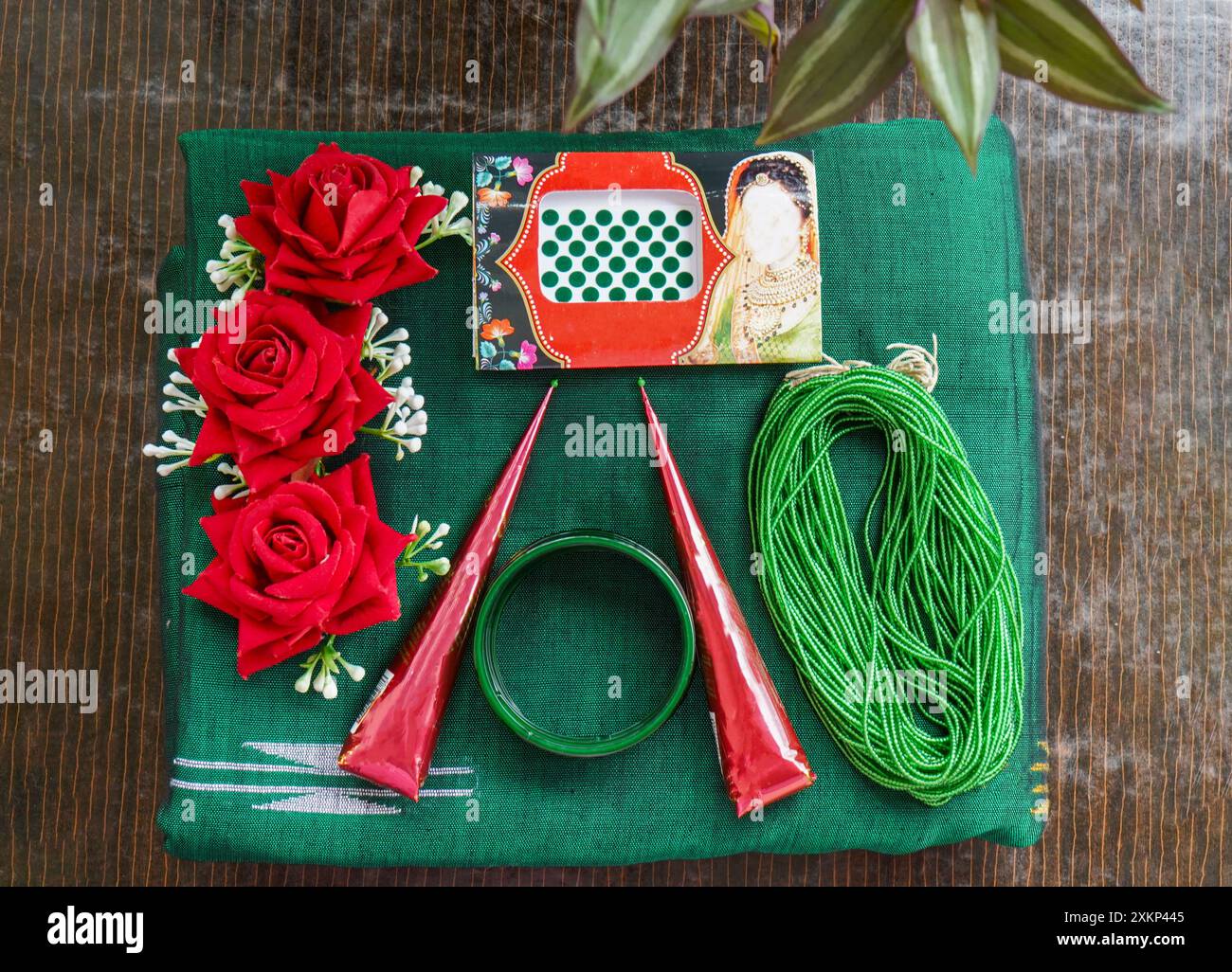 Shrawan Month Green Bangles, Mehendi Cones, Tika, Hair Flowers Gajra ...