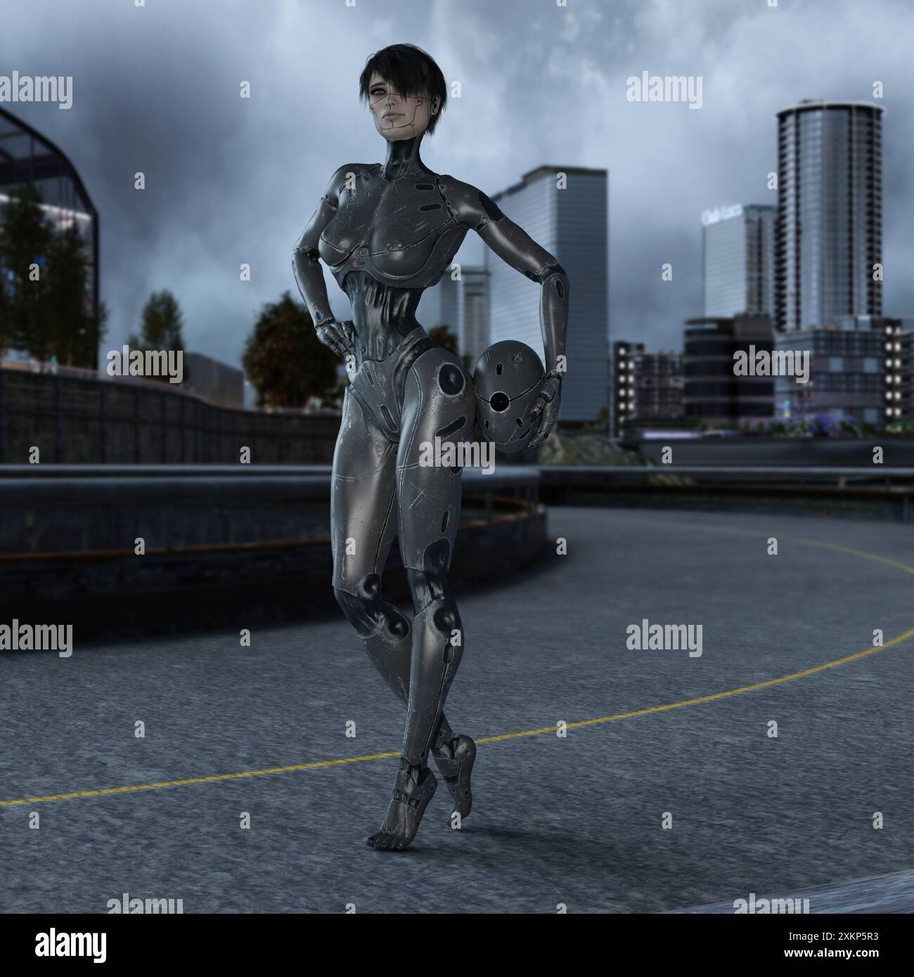 a female android walks on a street in front of a futuristic cityscape ...