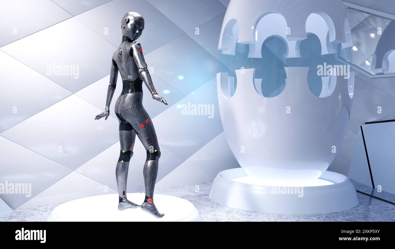 a young robot girl in a white room in front of a futuristic shower ...