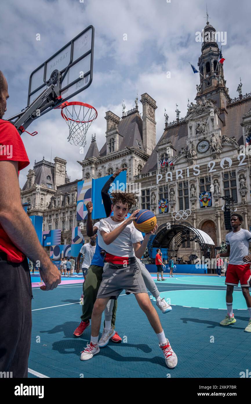 Paris, France - 07 23 2024: Paris city hall. View of The games terrace ...