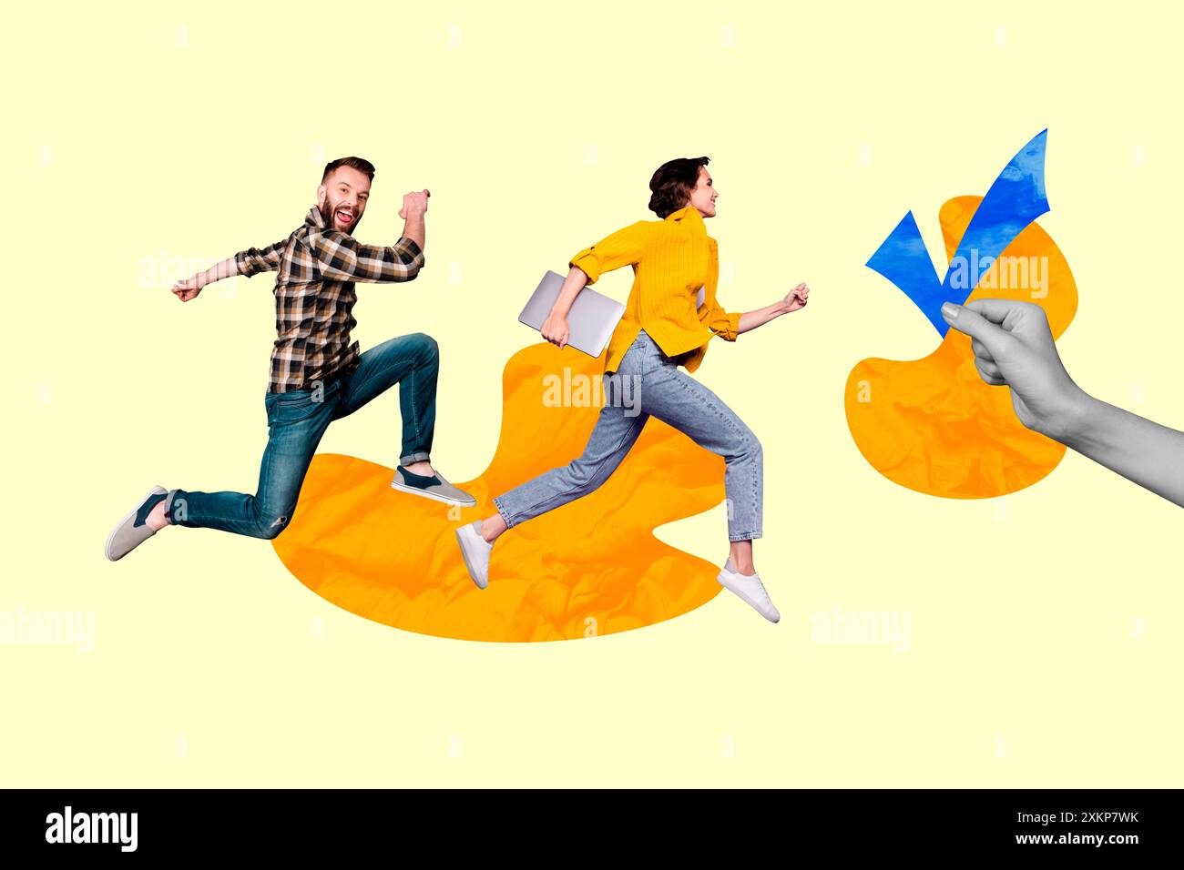 Composite photo collage of happy girl guy employee run job proposal ...