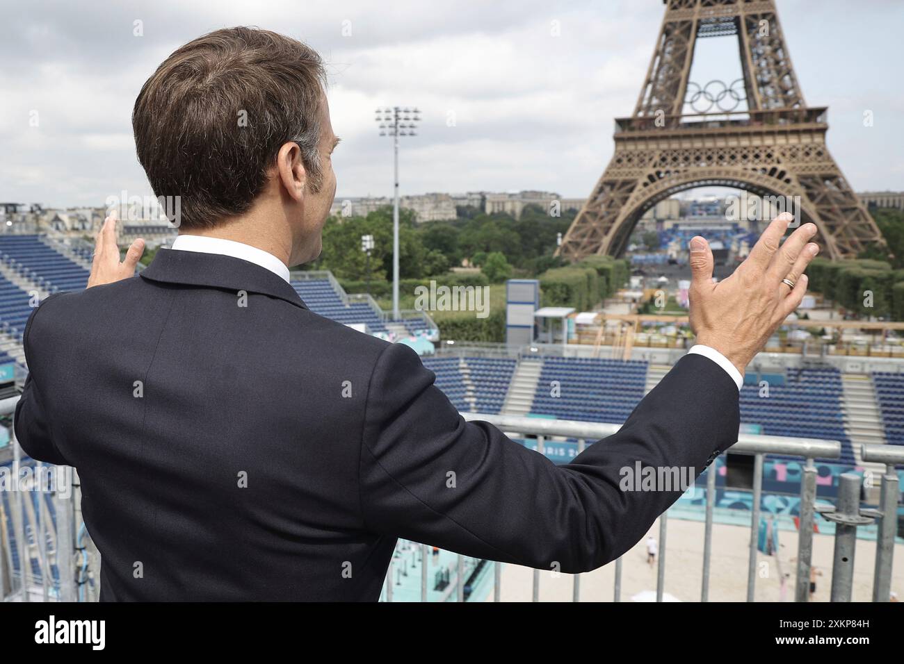 French President Emmanuel Macron visits the Tour Eiffel stadium that ...