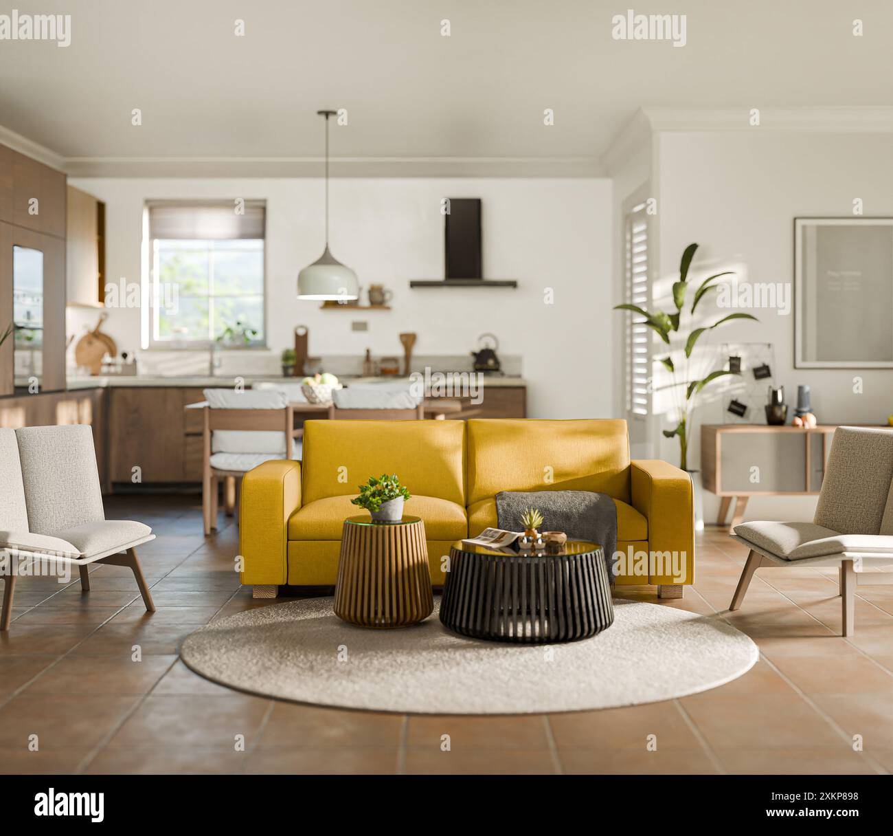 Studio room interior with eating space and lounge zone with yellow sofa ...