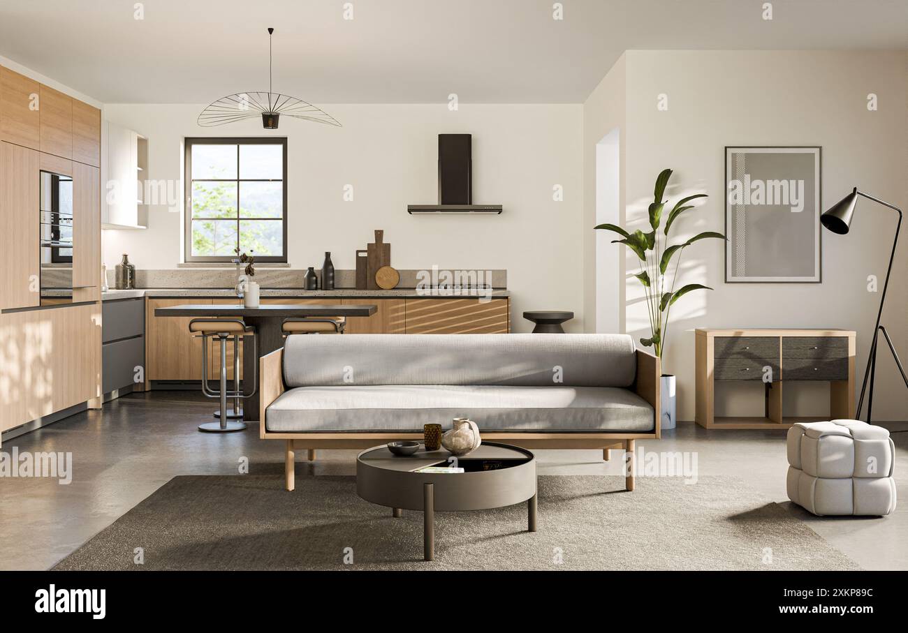 Studio room interior with cooking area, white walls, concrete floor and ...