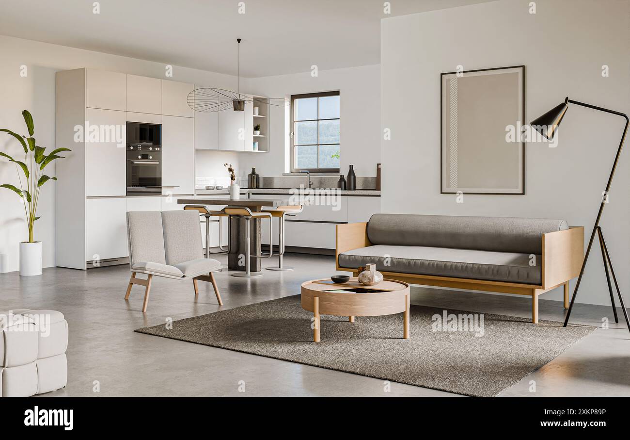 Studio room interior with cooking area, white walls, concrete floor and ...