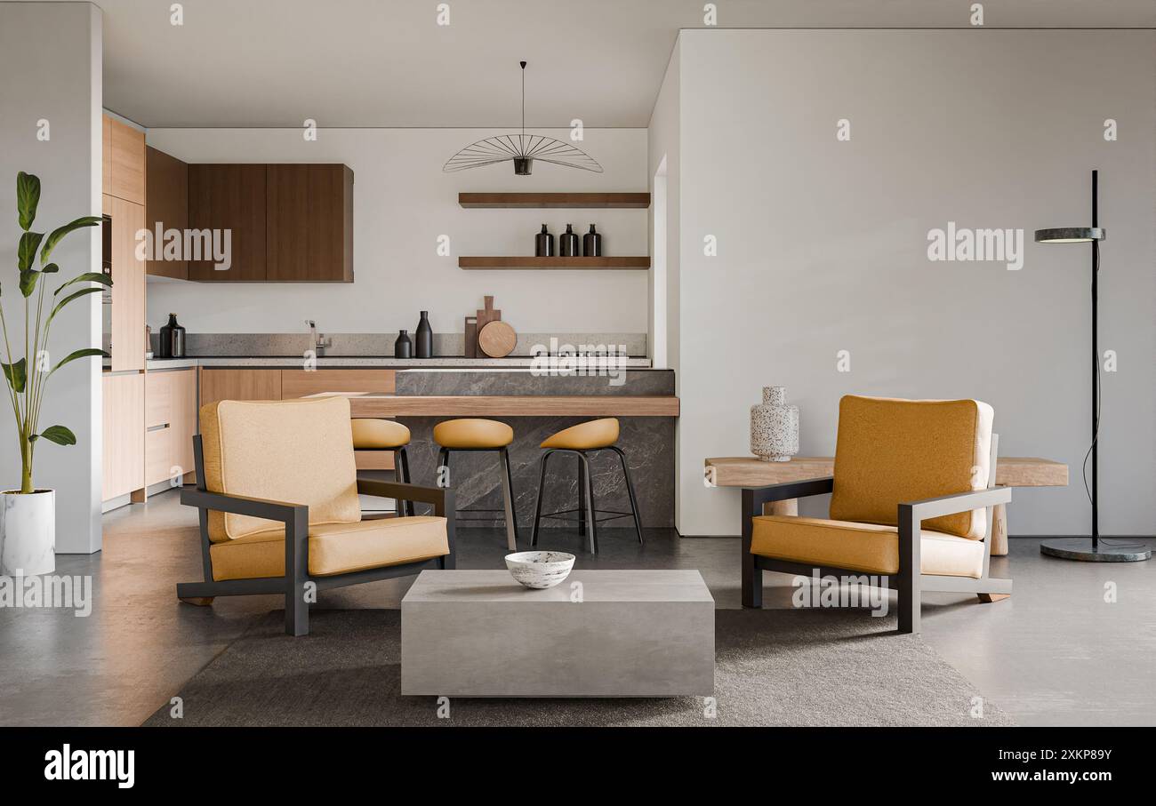 Studio room interior with cooking area, white walls, concrete floor and ...