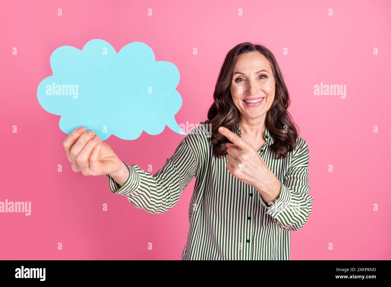 Portrait of pretty aged lady point finger empty space bubble wear ...