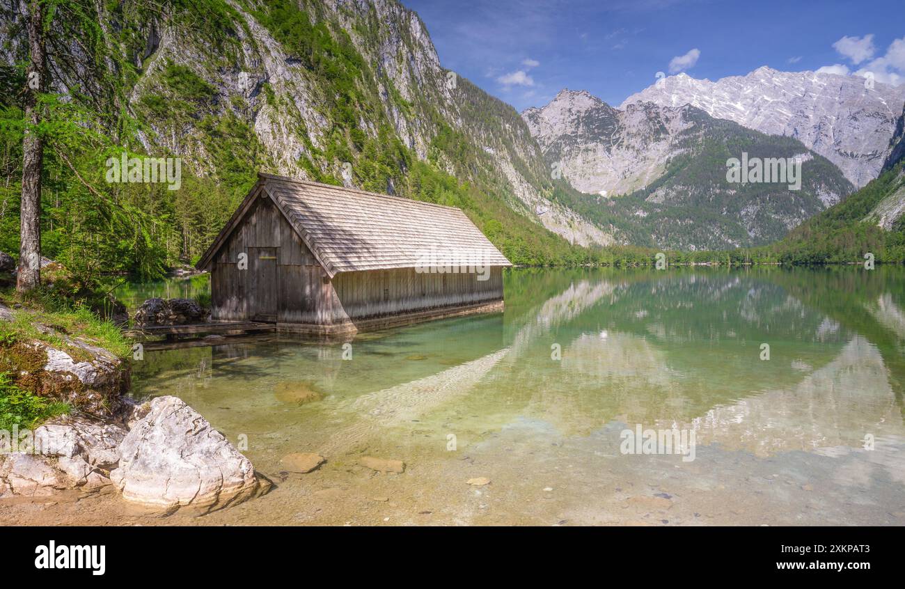 Bootshaus am Obersee lake in Berchtesgaden National Park, Alps Germany ...