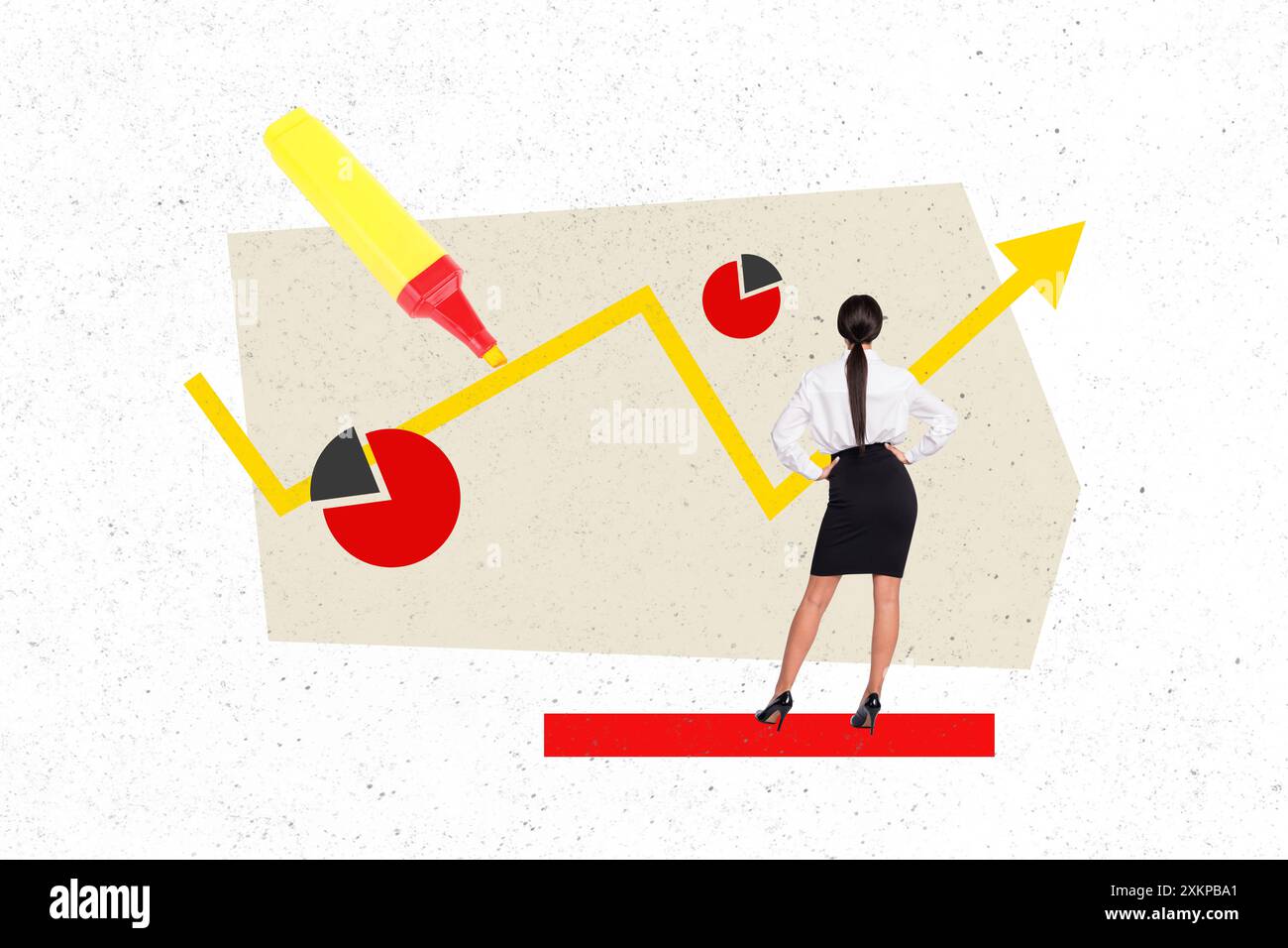 Composite photo collage of young business girl stand back look arrow ...