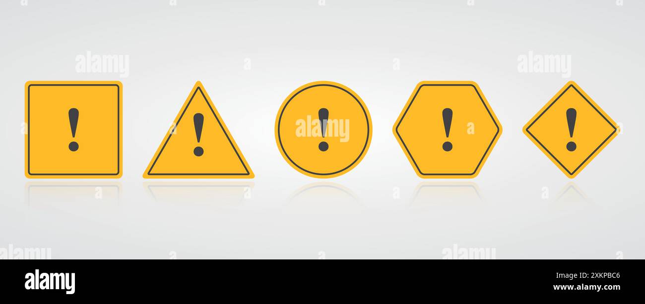 Set of yellow exclamation mark icon on grey background. Caution sign in ...