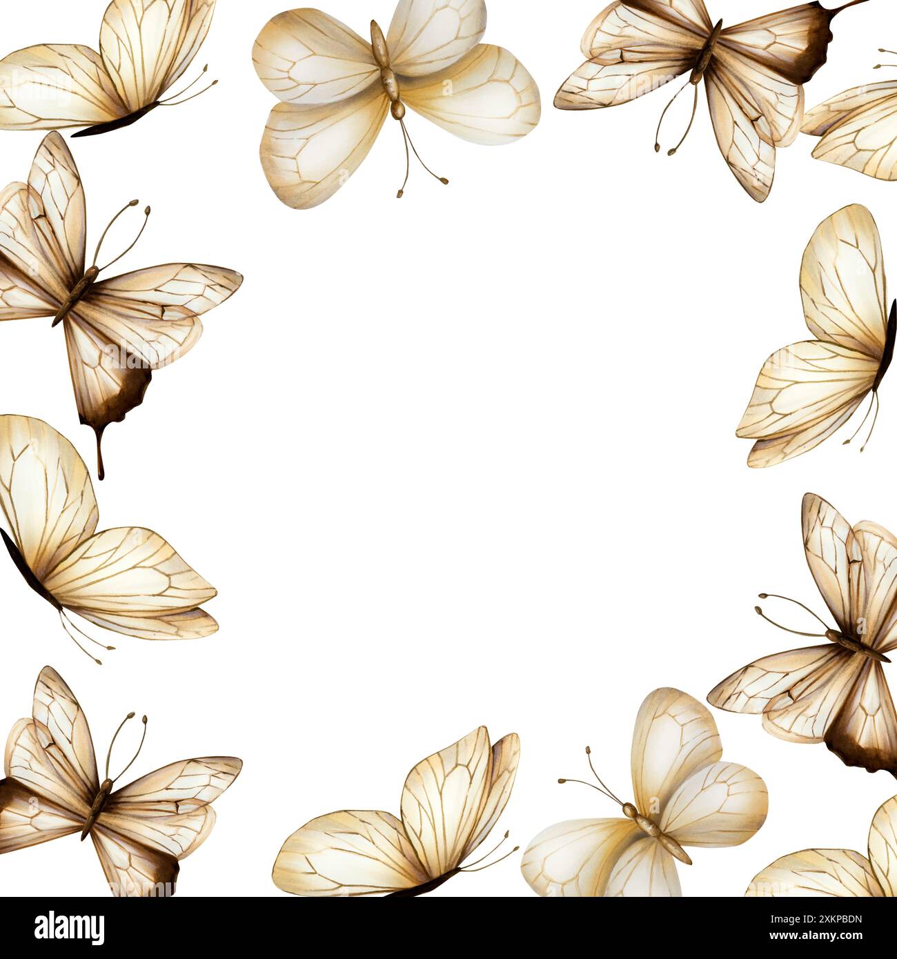 Frame, template with boho butterflies. Watercolor hand drawn beige ...