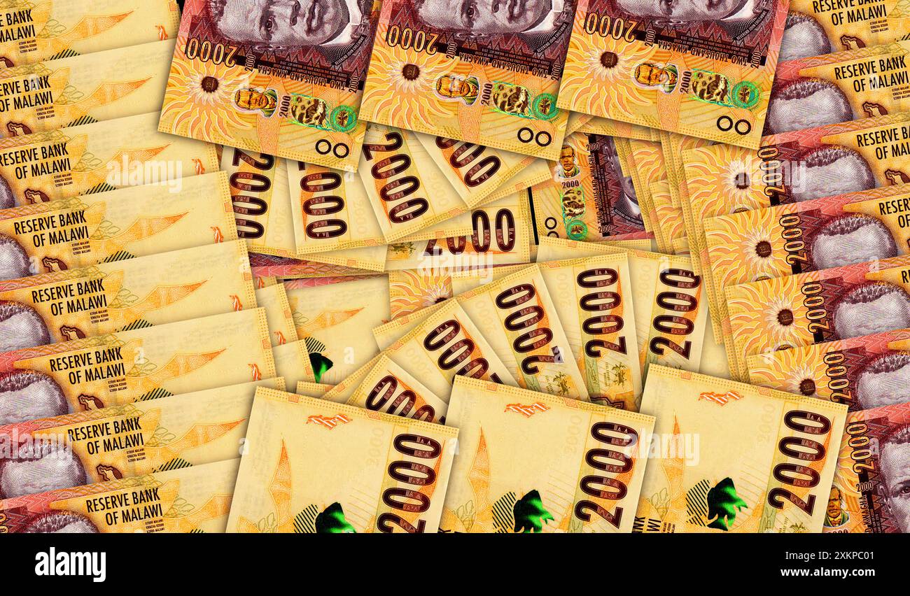 Malawi kwacha banknotes in a cash fan mosaic pattern. Malawian MWK 2000 ...