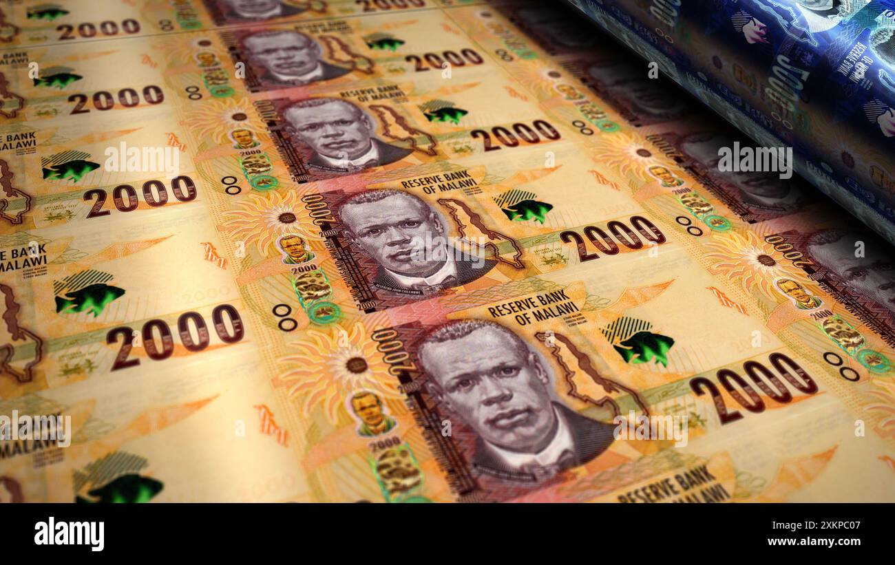 Malawian kwachas money printing 3d illustration. 2000 MWK banknote ...