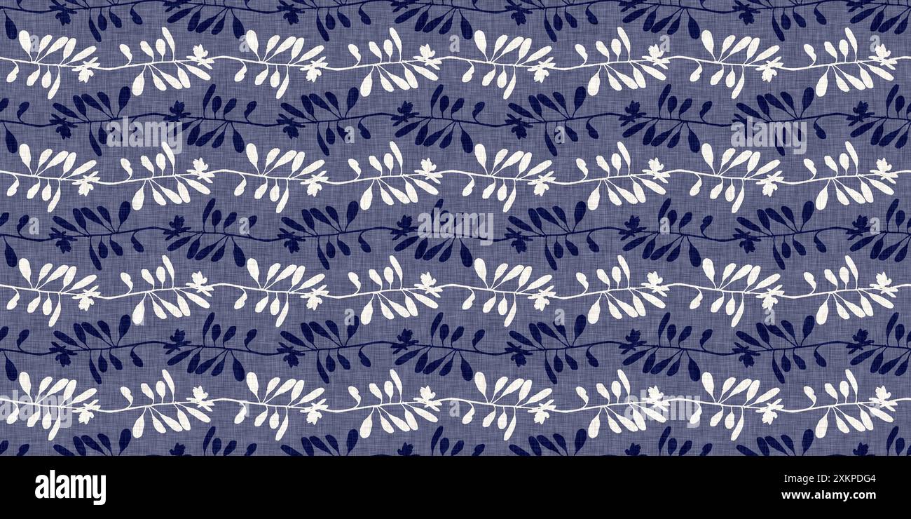 Indigo denim blue leaf motif seamless border. Japanese dye batik fabric ...