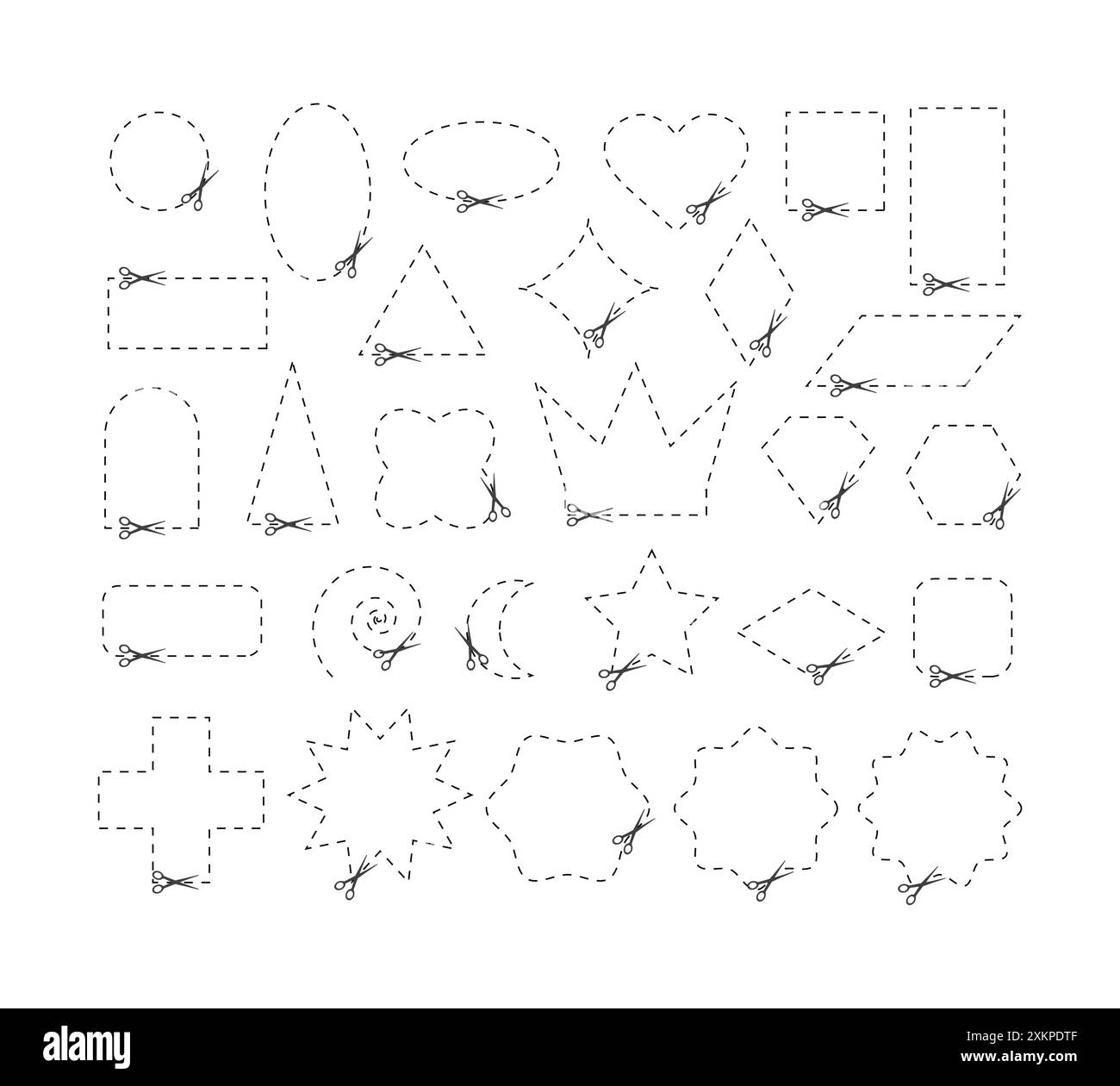 Cut here. Black scissors cutting. Set of cut dash shapes isolated on ...