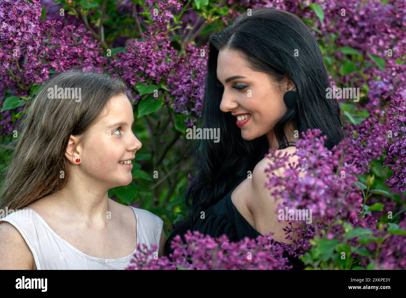 Two women stand close together in a lush lilac garden. Shallow depth of ...