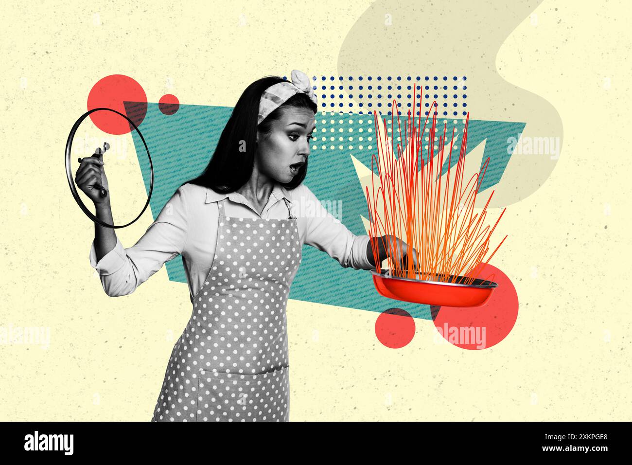 Composite collage artwork image picture of girl apron burn food pan ...