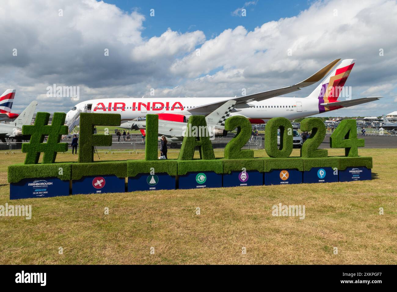 FIA 2024 sign at the Farnborough International Airshow 2024, UK. Air ...