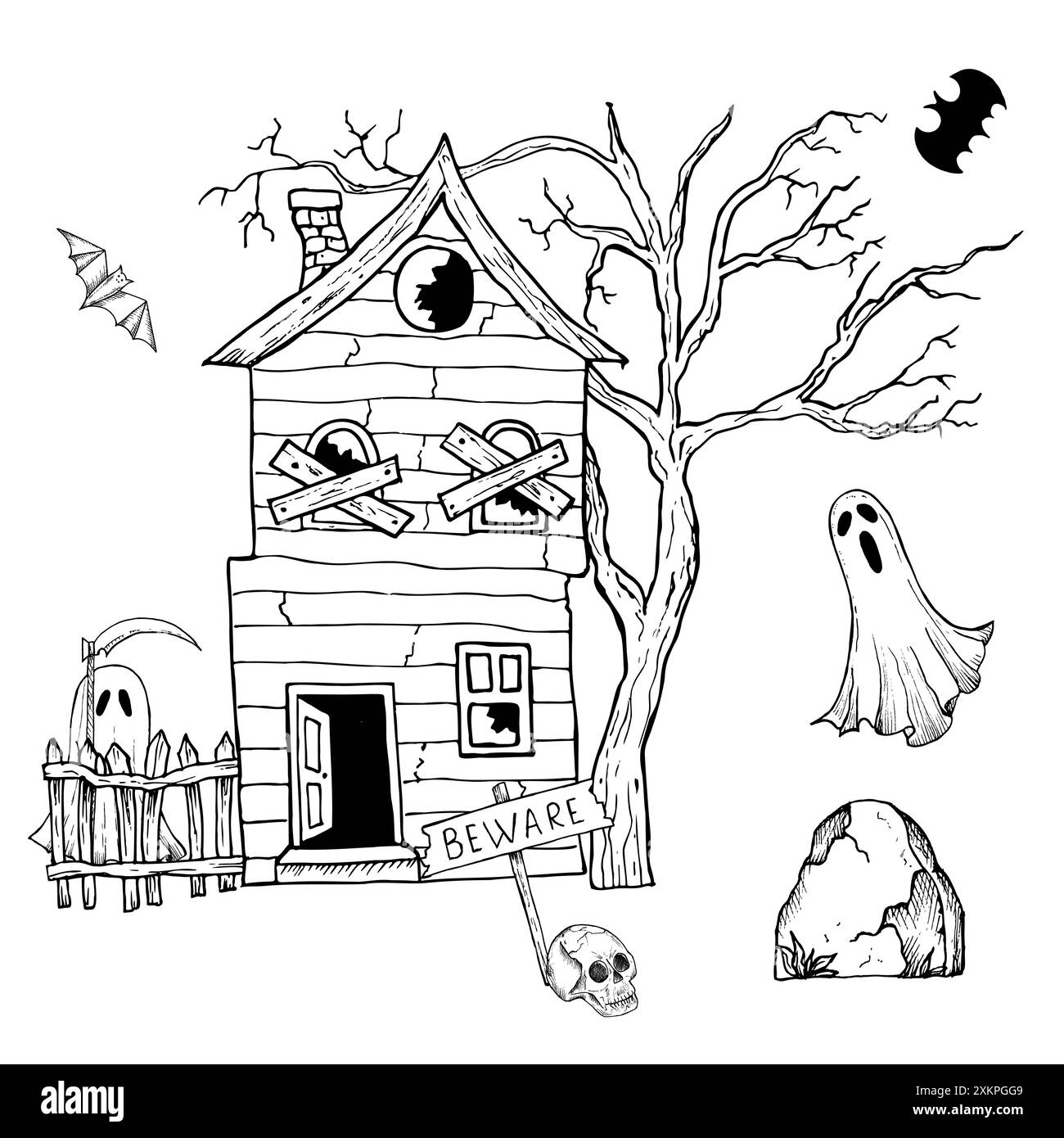 Halloween haunted house. Wooden sign board Beware. Vector hand painted ...