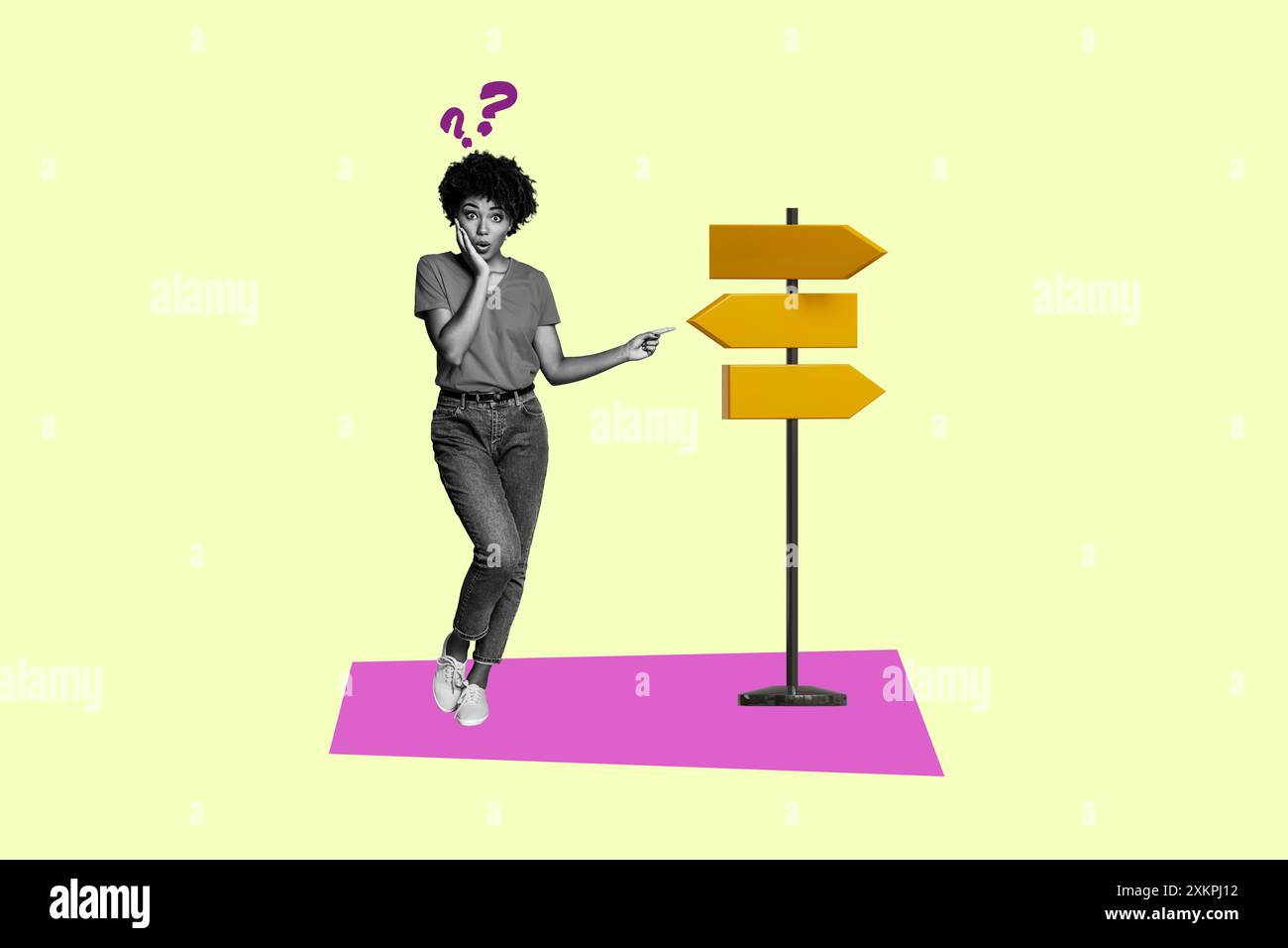 Composite photo collage of astonished american girl show road sign ...