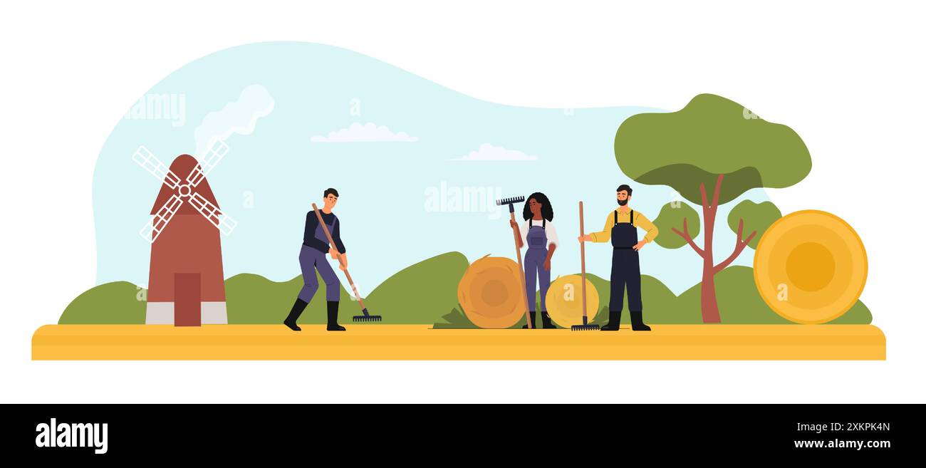 Young farmers team working together in agricultural field and harvest ...