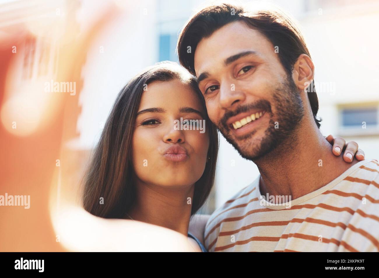 Outdoor, couple and smile with selfie on portrait for social media post ...