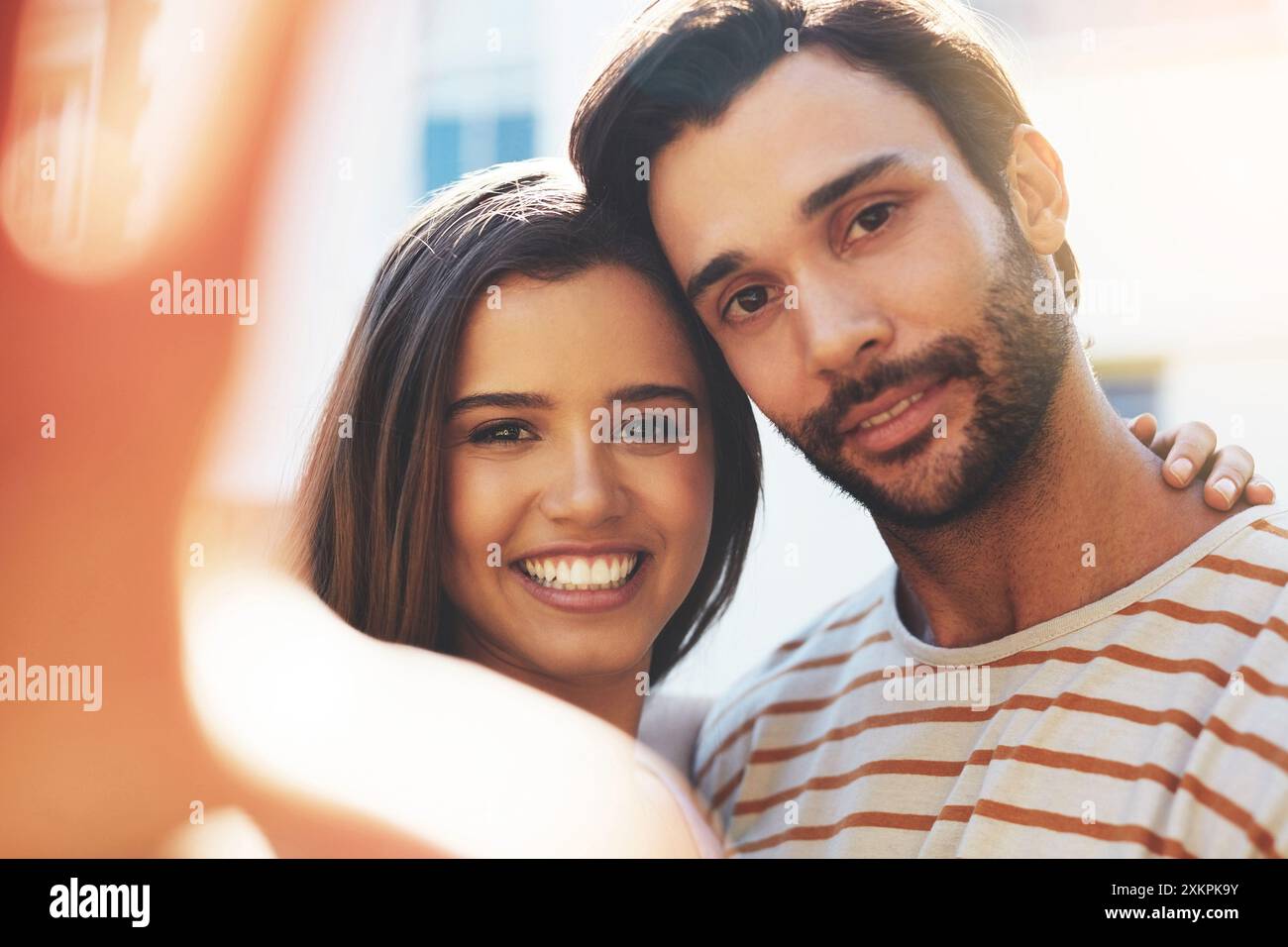 Outdoor, couple and happy with selfie on portrait for social media post ...