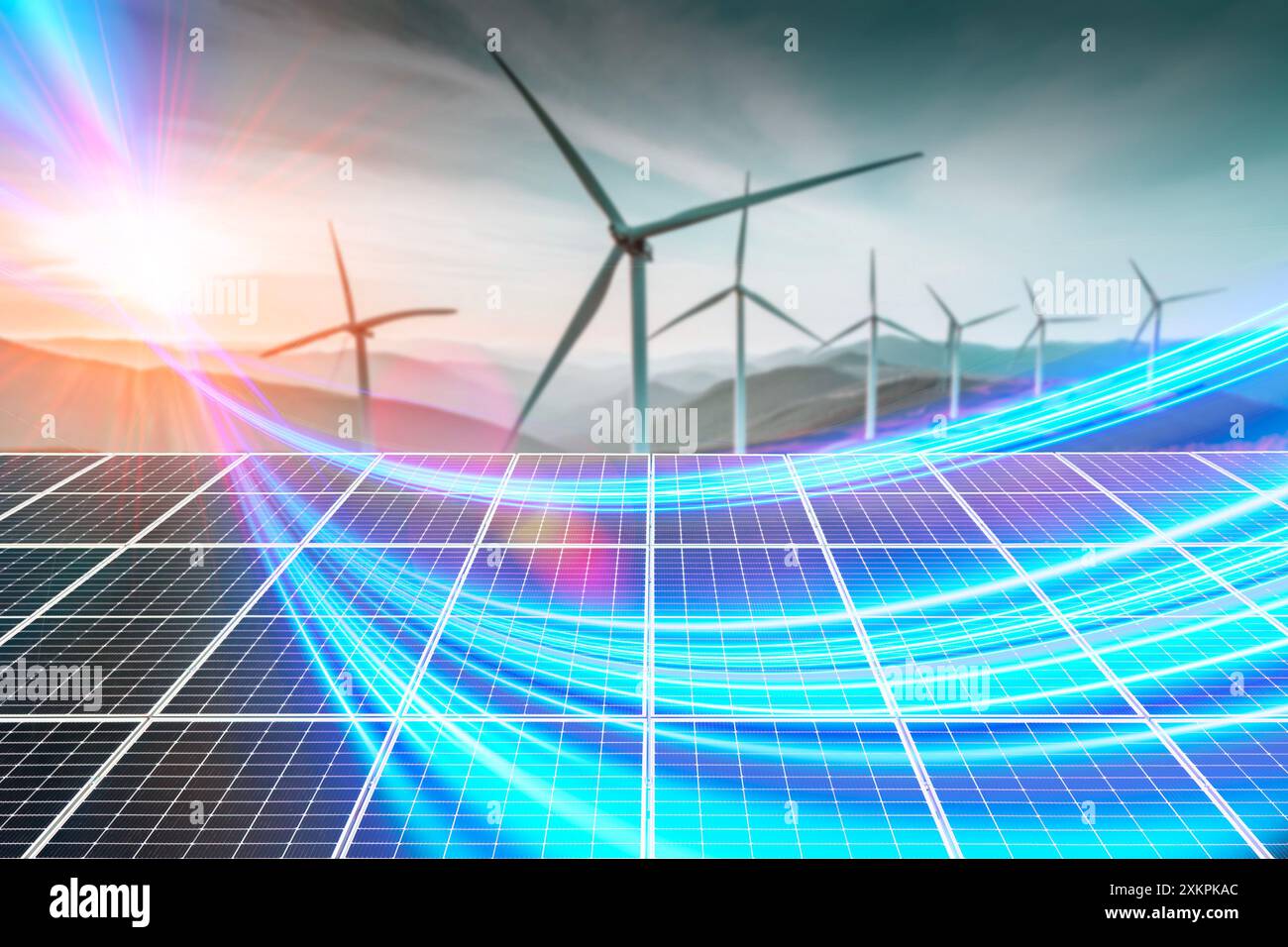 Solar panel plant and wind turbine farm. Renewable energy. Green energy ...