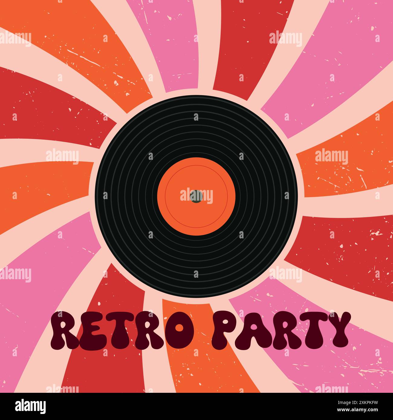 Vinyl Record in groovy style on retro sunburst in orange , red and pink ...