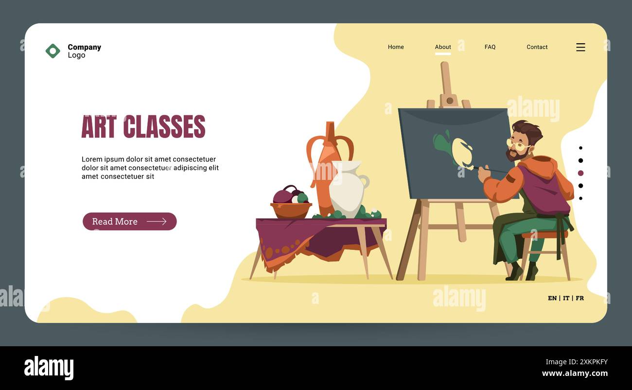 Art class landing page. Painter with brush drawings still life on ...