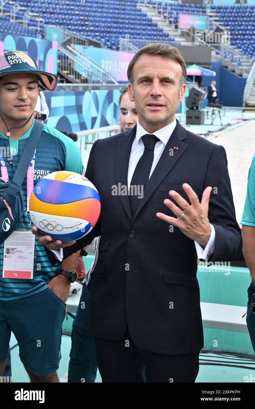 Paris, France. 24th July, 2024. French President Emmanuel Macron visits ...
