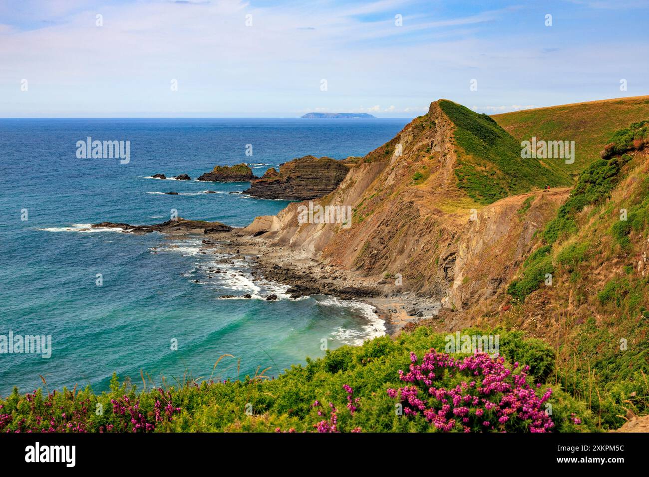 St Catherine's Tor, with Lundy Island beyond, close to Hartland Quay on ...