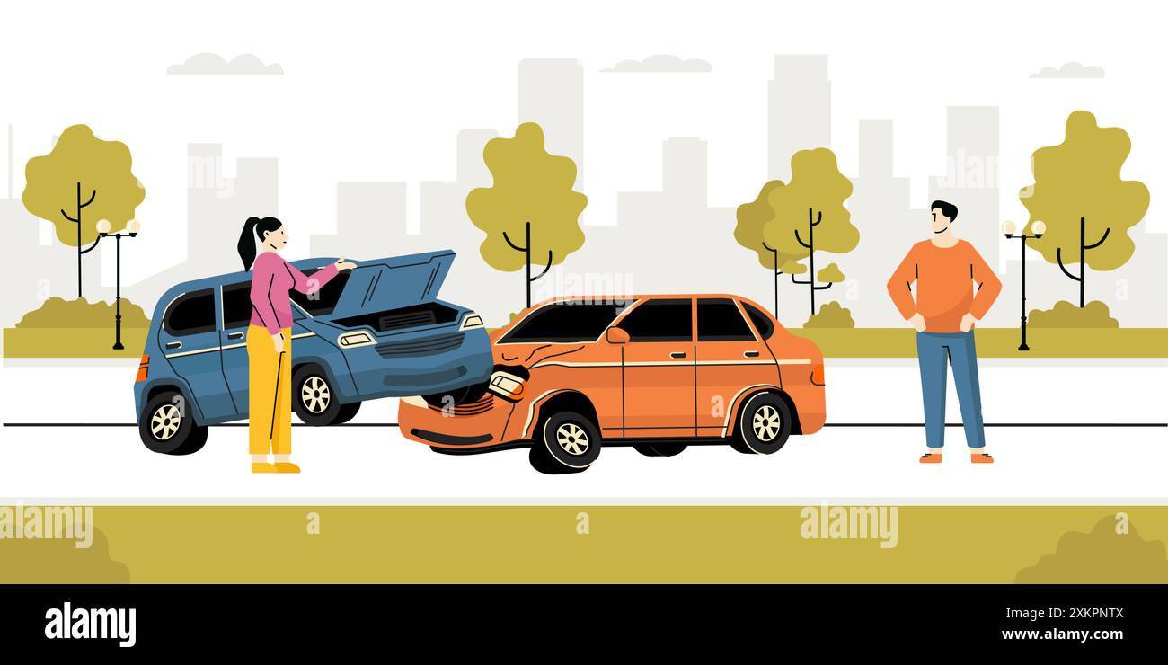 Road traffic accident. Upset drivers standing near crashed cars. Car ...