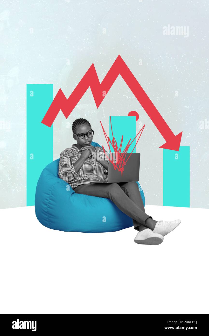 Composite collage image of sad female trader arrow down loss inflation ...