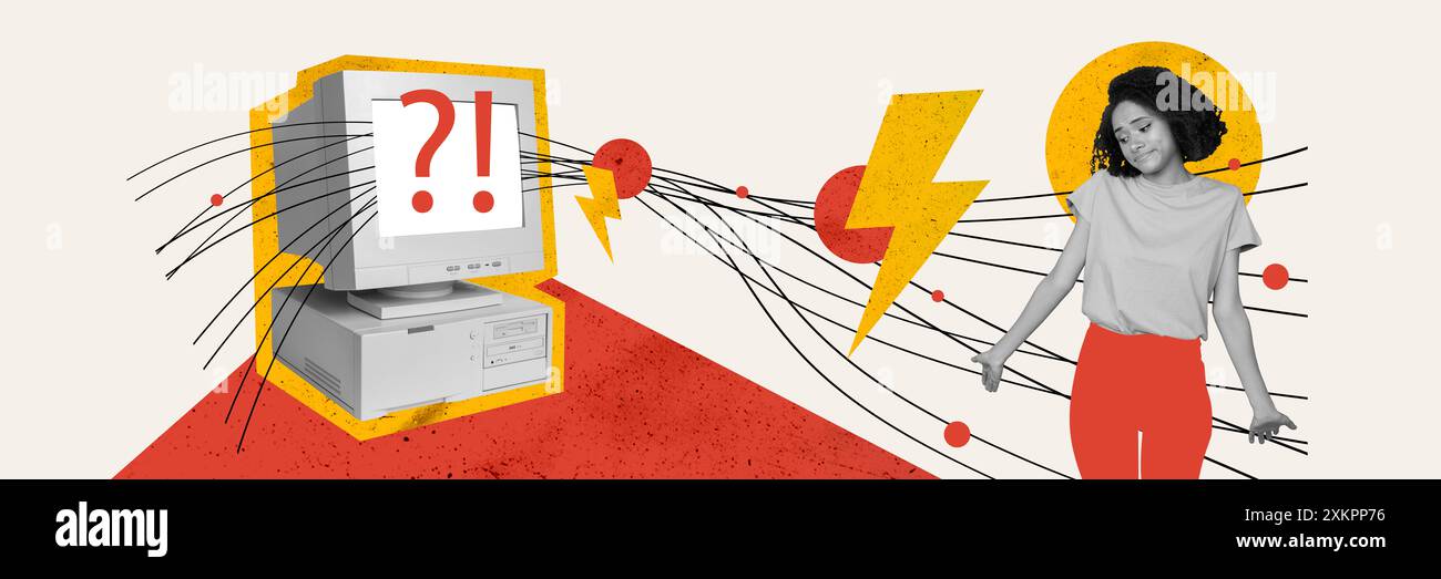 Composite collage image panorama of stressed female confused error ...