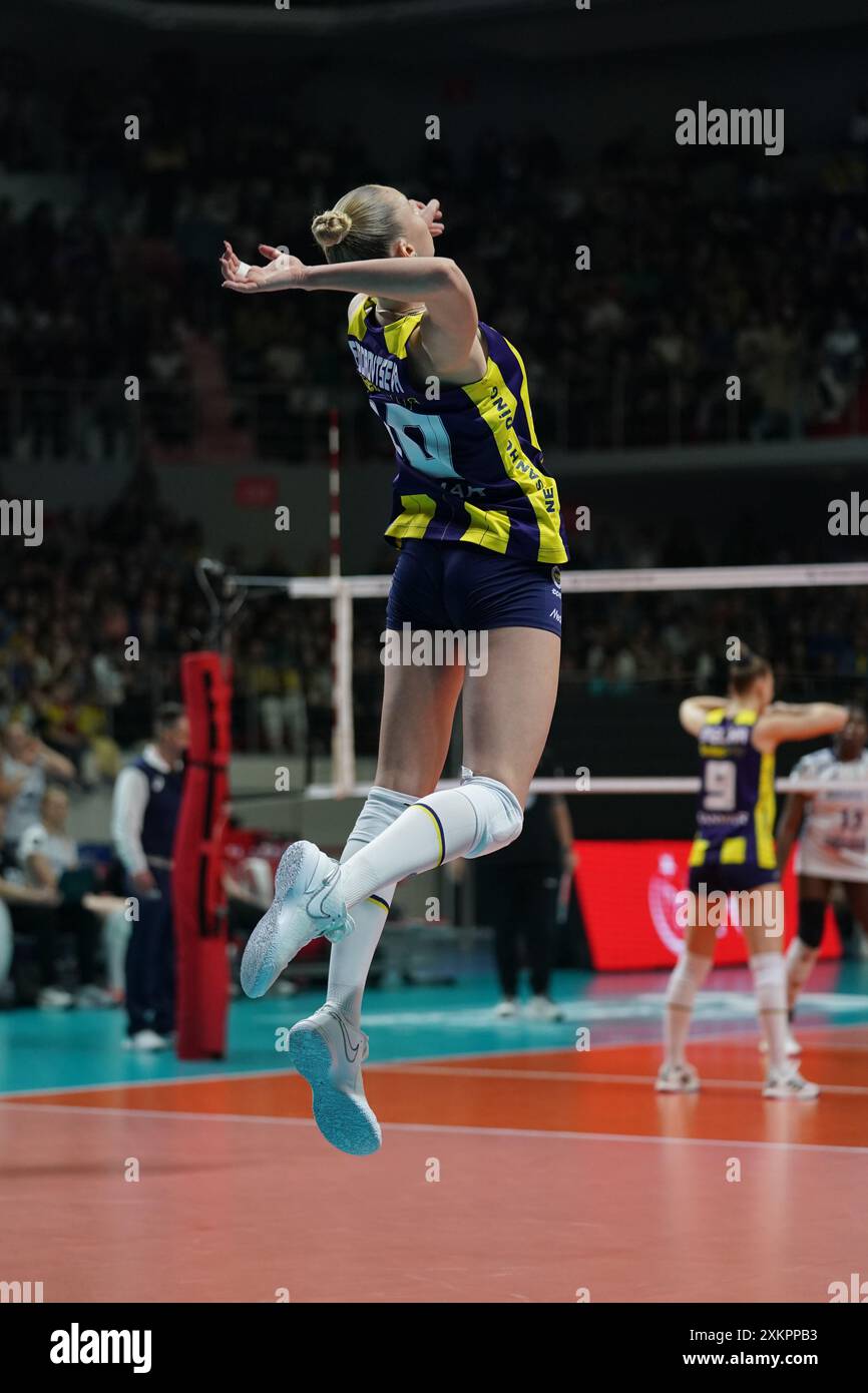 ISTANBUL, TURKIYE - FEBRUARY 28, 2024: Arina Fedorovtseva serves during ...
